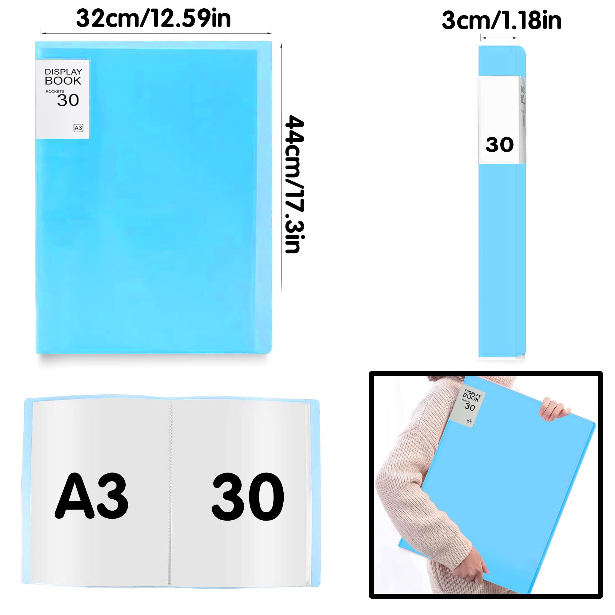 SKRYUIE A3 Diamond Painting Storage Book - 60 Diamond Painting Capacity, 30 Pages Protectors, 17.2x12.8 inches, Portfolio Folder for Diamond Painting Presentation and Organization - Blue