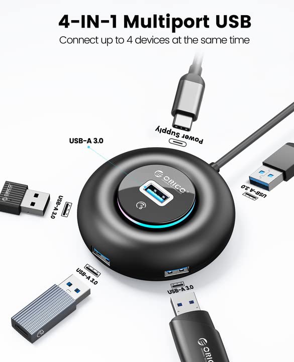 Multi Port USB Splitter, 4 Port USB 3.0 Hub, ORICO USB A Port Data Hub Have RGB Indicators, for Laptop, Computer, Mobile HDD, Flash Drive and Printer, Camera, Key-Borad, Mouse U-Disk etc