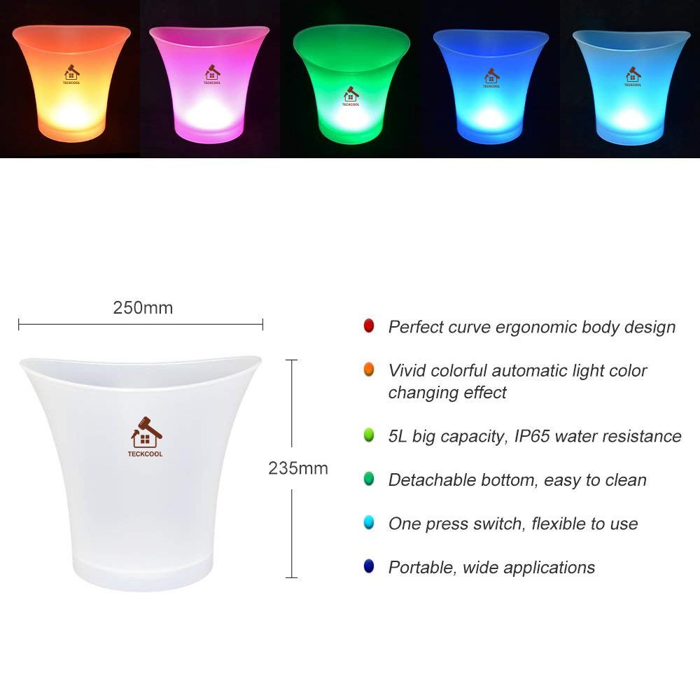 LED Ice Bucket,TECKCOOL 5L Large Capacity Wine Cooler Led Waterproof with Colors Changing,Retro Champagne Wine Drinks Beer Bucket,Power by 2 AA Batteries,for Party,Home,Bar,etc (batteries not include)