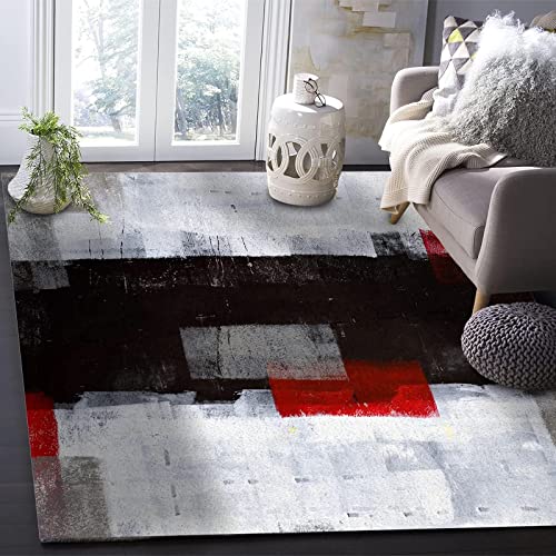 Red Black Geometric Abstract Pattern Area Rug, Modern European Retro Graffiti Large Washable Rugs, Indoor Non-Slip Rug for Room Sofa Living Room Mat Bedroom Home Decor Floor Mats-5x3.3ft