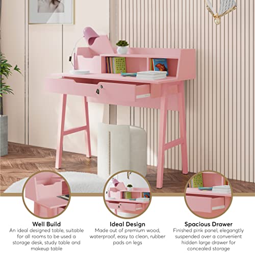 Roma Writing Desk - Elegant Wood Study Desk With Storage, Cable Holes & Drawers - Work Table for Home, Office, Dorm, Small Spaces - Compact Black Desk, 40x19x36.9β (pink)