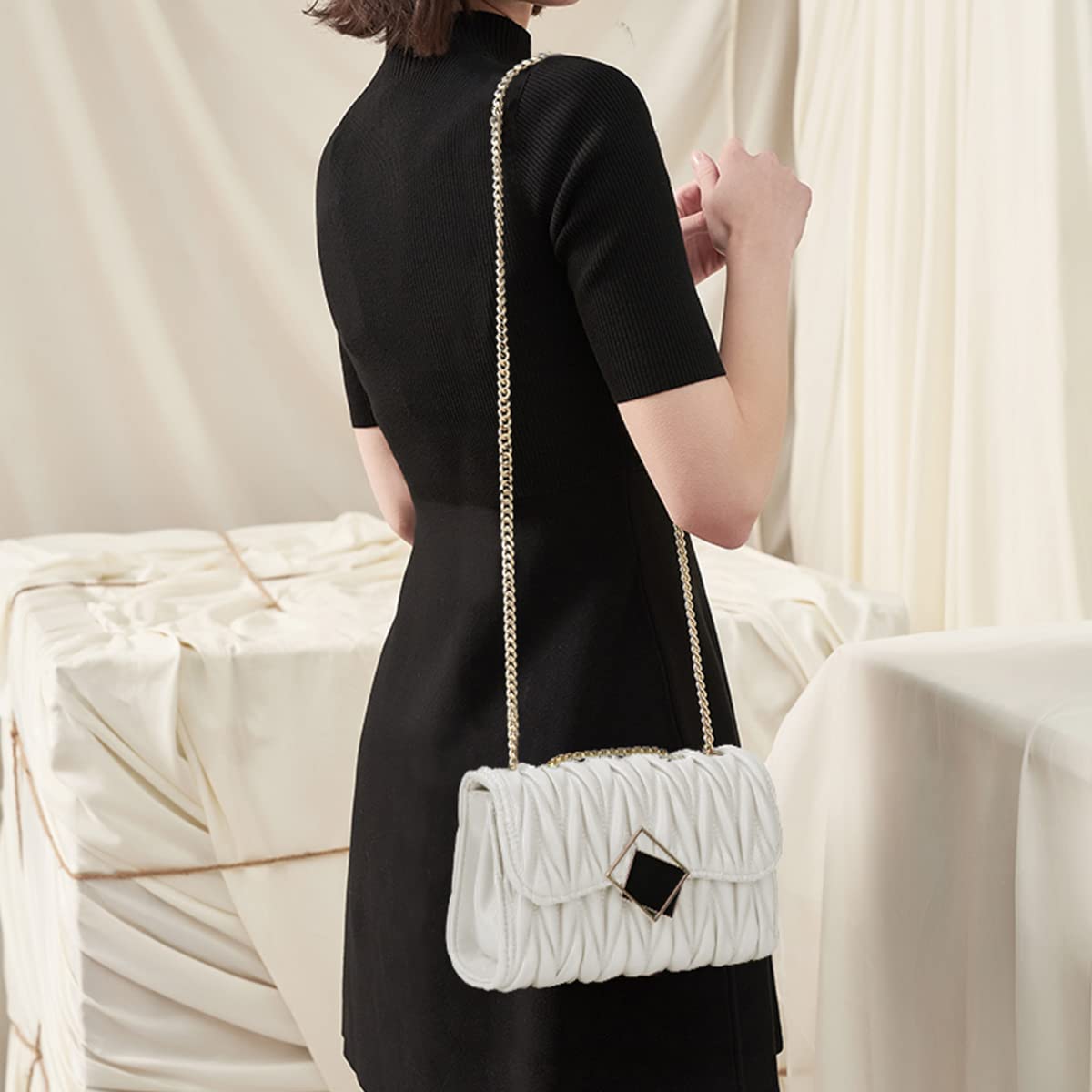 LAVTUG Small Quilted Crossbody Bags for Women Shoulder Purse Wallet with Chain Strap Stylish Clutch multiple pockets White