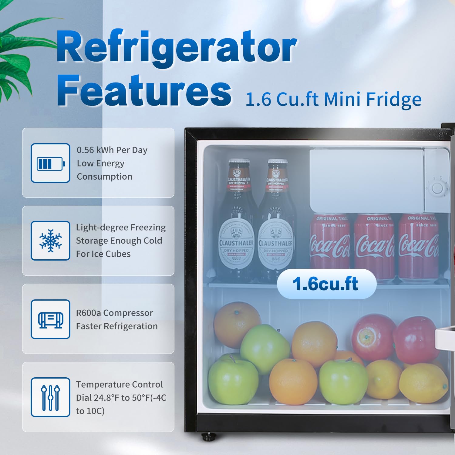 Nooody 1.6 Cu.ft Mini Fridge with Freezer, Adjustable Thermostat, Energy Saving, Low Noise, Single Door Compact Refrigerator for Dorm, Office, Bedroom (black)