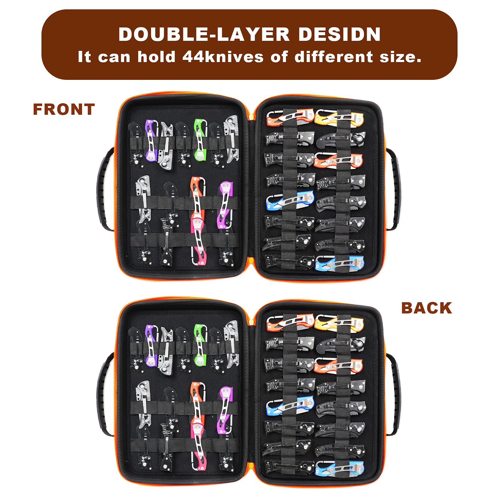 Pocket Knife Display Case, Folding Knife Holder, Mini Knives Carrying Case,Small Knife Collection Pouch Carrier Roll for Hiking,Hunting and Camping Outdoor Activities, Black & Orange, 62 Slots