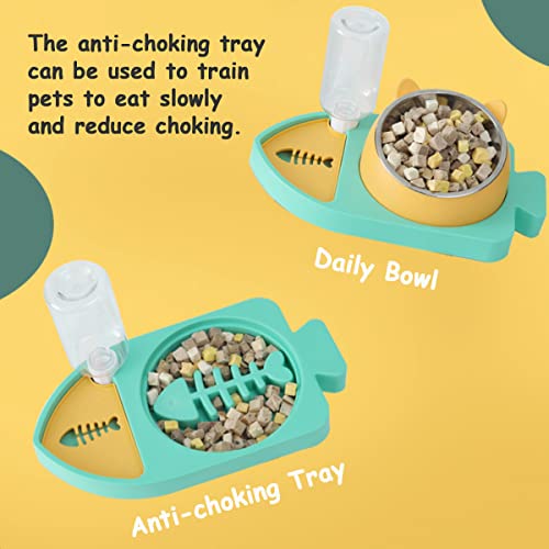 Pet Bowl Food and Water Two in One Feeder Anti-Choking Stainless Steel Dog Cat Bowl Kit Removable Automatic Water Refill No Spill Dripless Water Bottle Feeding Bowl (Blue)