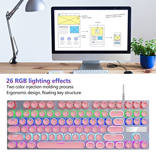 Mechanical Gaming Keyboard, 87 Keys 26 RGB Backlit USB Wired Keyboard Waterproof with Red Switches for Win ME, for Win2000, for Win XP, for Vista, for Win7, for Win8, for(Pink Electroplating Punk)