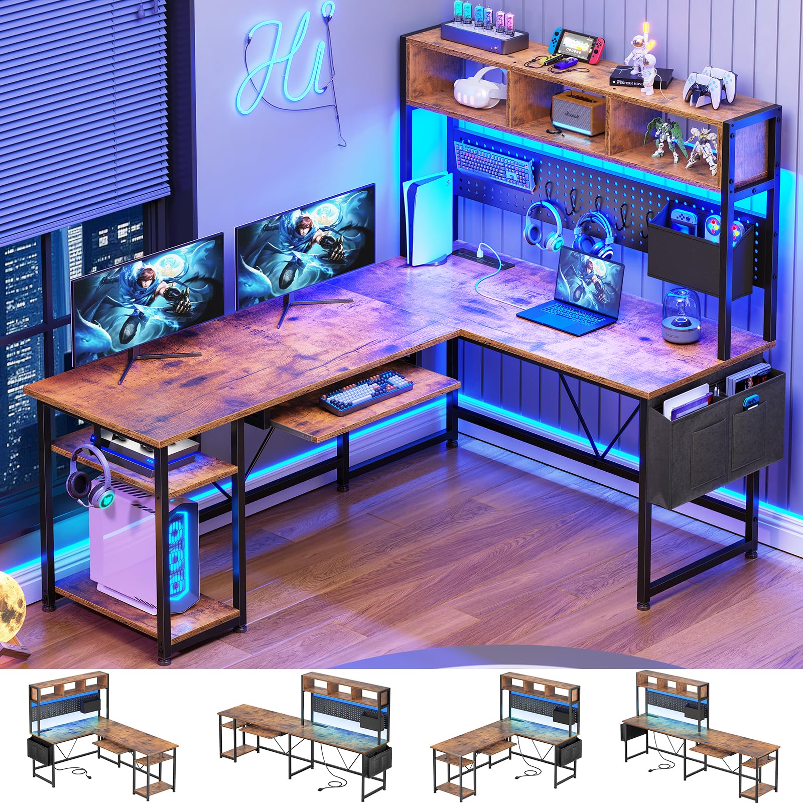 SEDETA L Shaped Gaming Desk with Hutch, 57.5ā Reversible Corner Computer Desk with Storage Shelves, Gaming Desk with Pegboard, LED Lights, Power Outlet, Keyboard Tray (Rustic Brown)