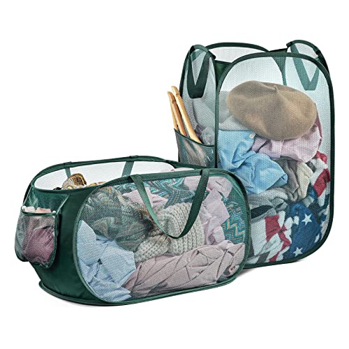 OTraki 2 Pack 70L Mesh Laundry Hampers with Long Handles Pop Up Clothes Basket for Laundry Collapsible Hamper with Large Side Pocket for Socks Detergent Hangers Easy to Carry in Home Hotel Green