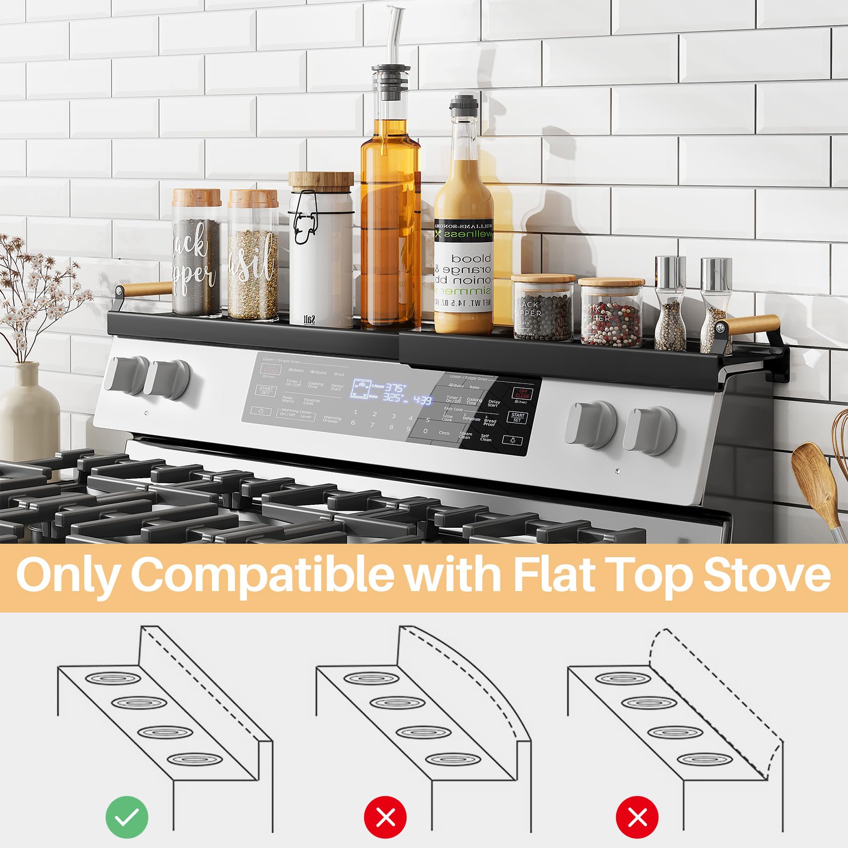 Magnetic Stove Top Shelf Spice Rack Organizer - Adjustable (16.9" to 30") Over the Stove Shelf for Kitchen Storage, Rustproof Oven Shelf for Back of Stove, Black