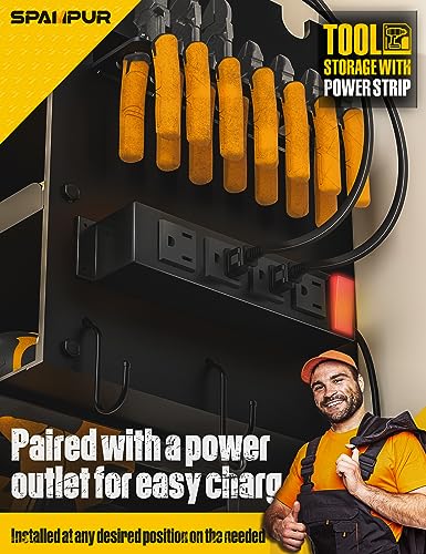 Power Tool Organizer Wall Mount with Charging Station, Garage Tool Shelf 6 Drill Holders, Tool Battery Holder with Screwdriver Heavy Duty Rack, Tool Storage Rack with 4 Outlet Power Strip