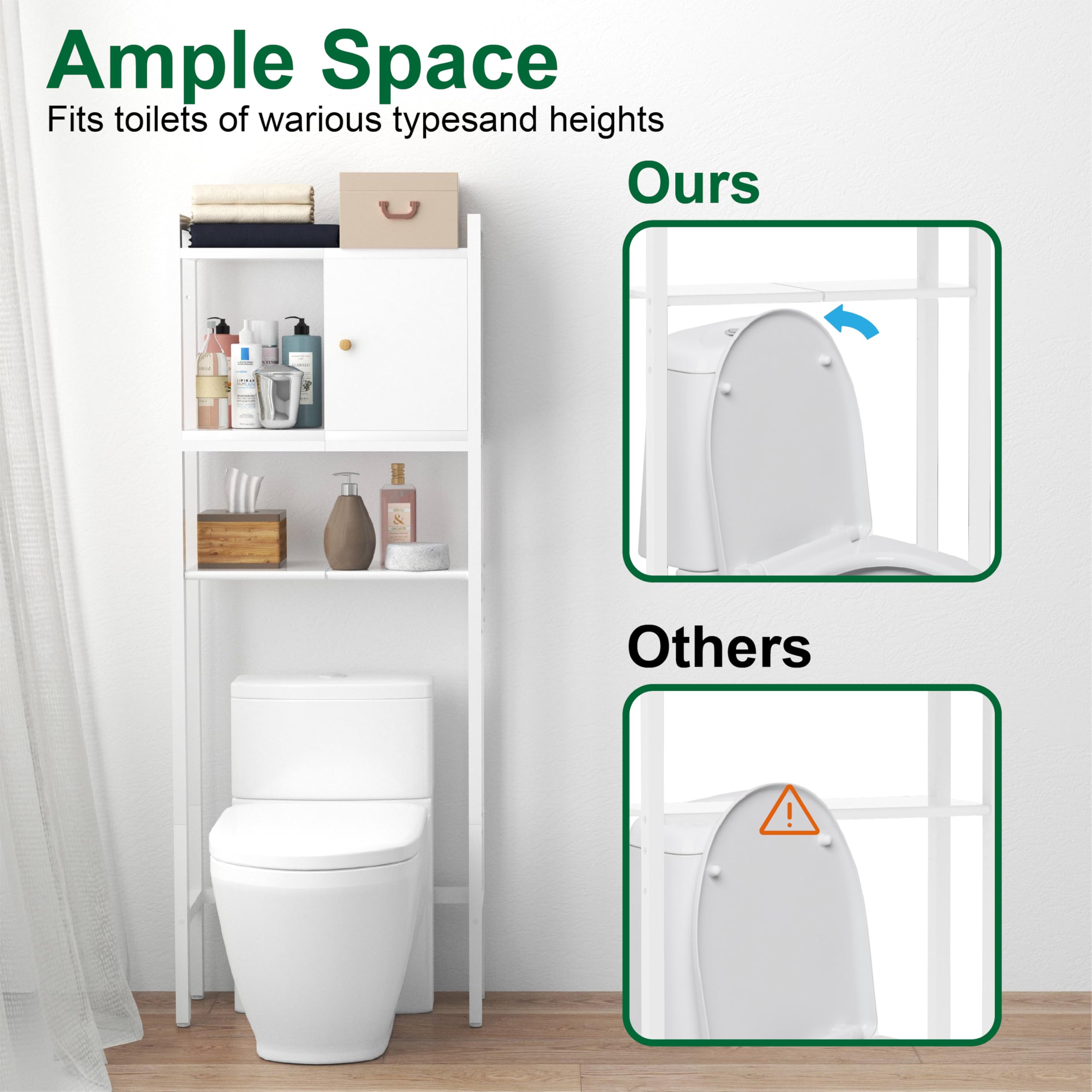 Over The Toilet Storage, 3 Tier Bathroom Organizer, Storage for Free Standing Wood Cabinet, Multifunctional Above Toilet Storage,White