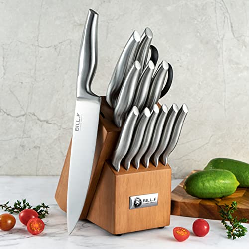 Knife Set with Built-in Sharpener Block, Kitchen Knife Set with Block, 16 Pcs High Carbon Stainless Steel Block Knife Set with Self Sharpening and 6 Steak Knives, Kitchen Shears,Silicone tongs