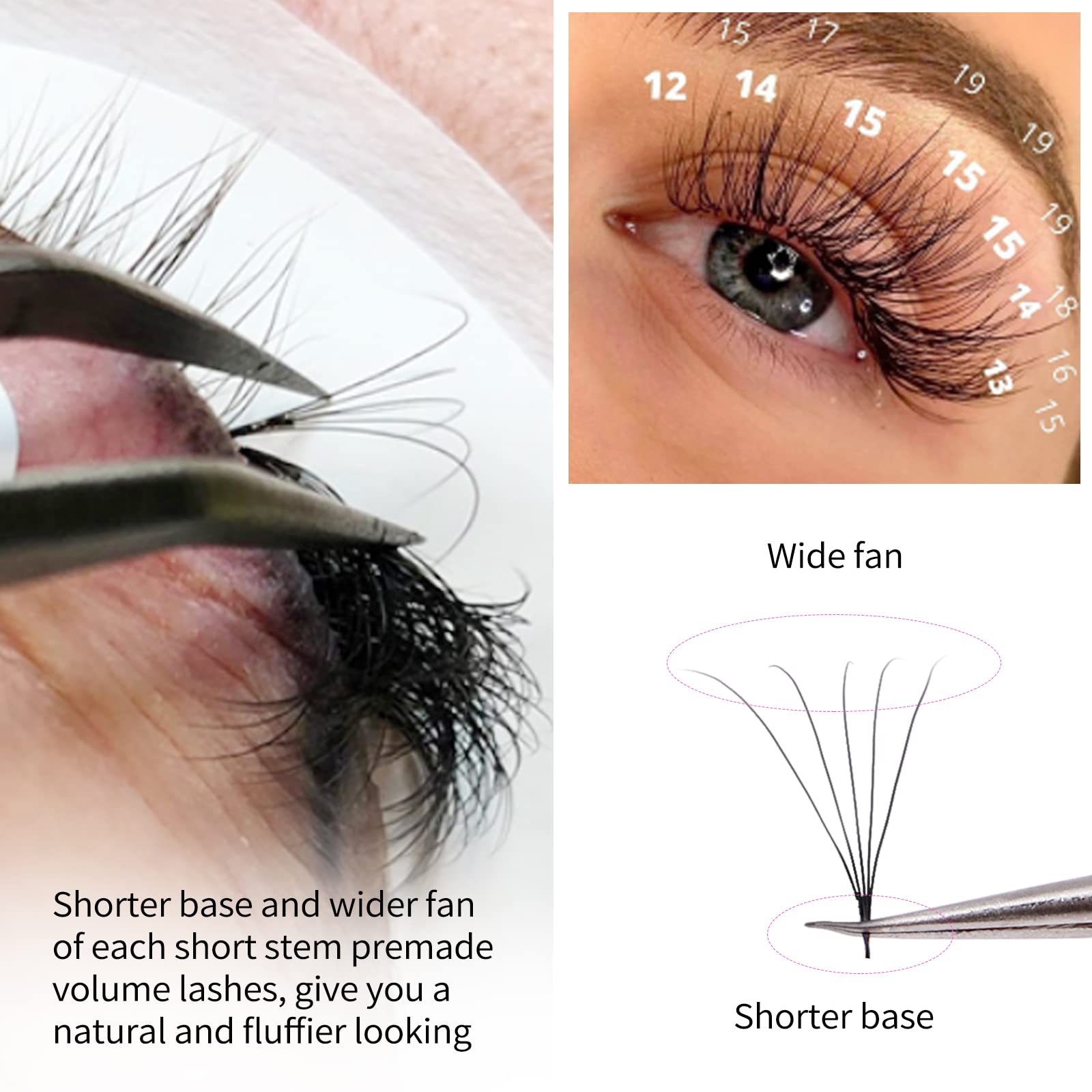 VEYES INC Eyelash Extension Supplies Premade Fans Eyelash Extensions Mixed Tray 10D 0.07 C Curl 9-16mm Short Stem Premade Volume Lash Extensions Fans Matte Black 120 Fans