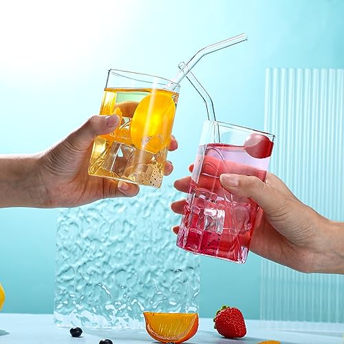 Roshtia 12 Pcs Square Glass Cups with Straws Highball Drinking Glasses Clear Rocks Glasses for Tea Wine Beer Cocktails Juice Coffee Mixed Drinks Party Glassware Set, 8.5oz and 13.5oz (Minimalist)