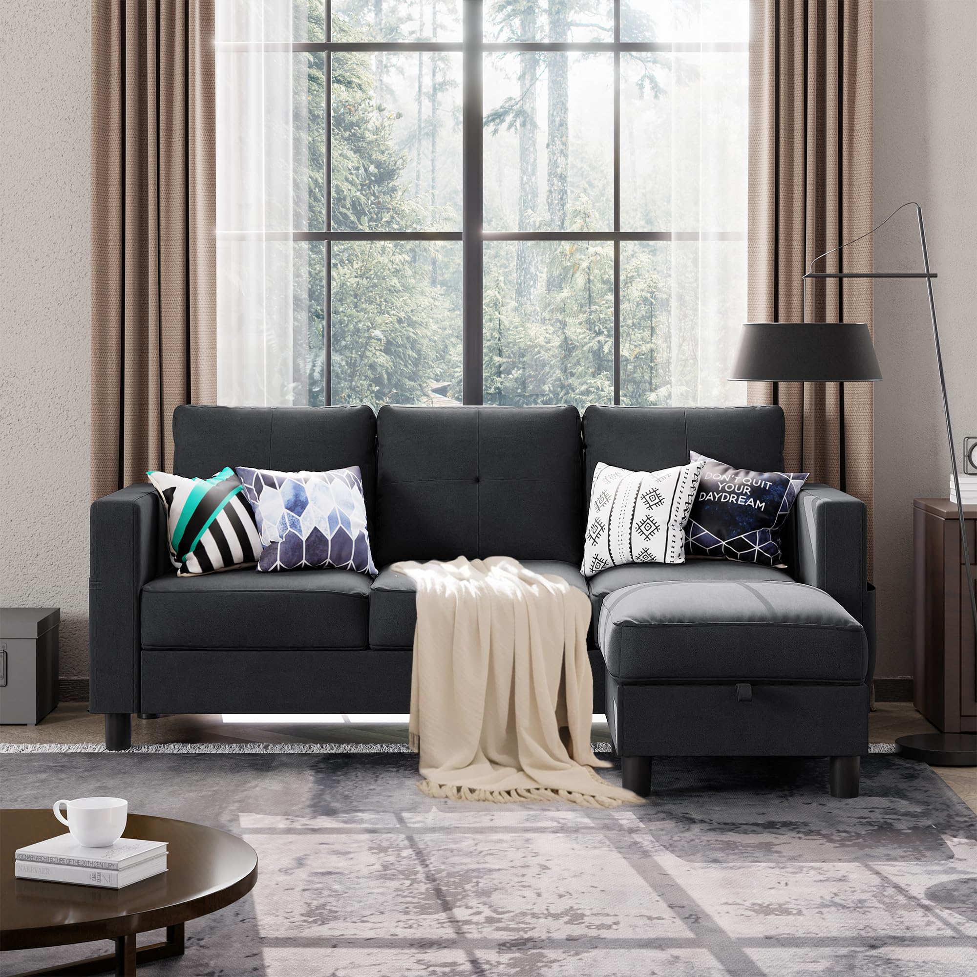 Shintenchi Convertible Sectional Sofa Couch, Modern Linen Fabric L-Shaped, 3-Seat Sofa Sectional with Storage Function Ottoman/Armrest Reversible Chaise for Living Room and Small Space (Black)