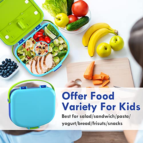 Lehoo Castle Bento Lunch Box for Kids, Large Kids Lunch Box with Cutlery&4 Compartments&Silicone Handle, Leak-proof Portable 1.3L Lunchbox Bento for Kids BPA-free Easy Opened (Blue)