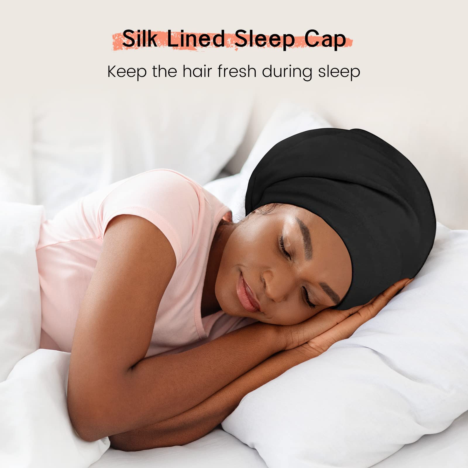 iCooBreeze 100% Mulberry Silk Lined Sleep Cap Bonnet for Curly Hair and Braids, Stay On Sleeping Hair Wrap Adjustable, 1PC, Solid Black