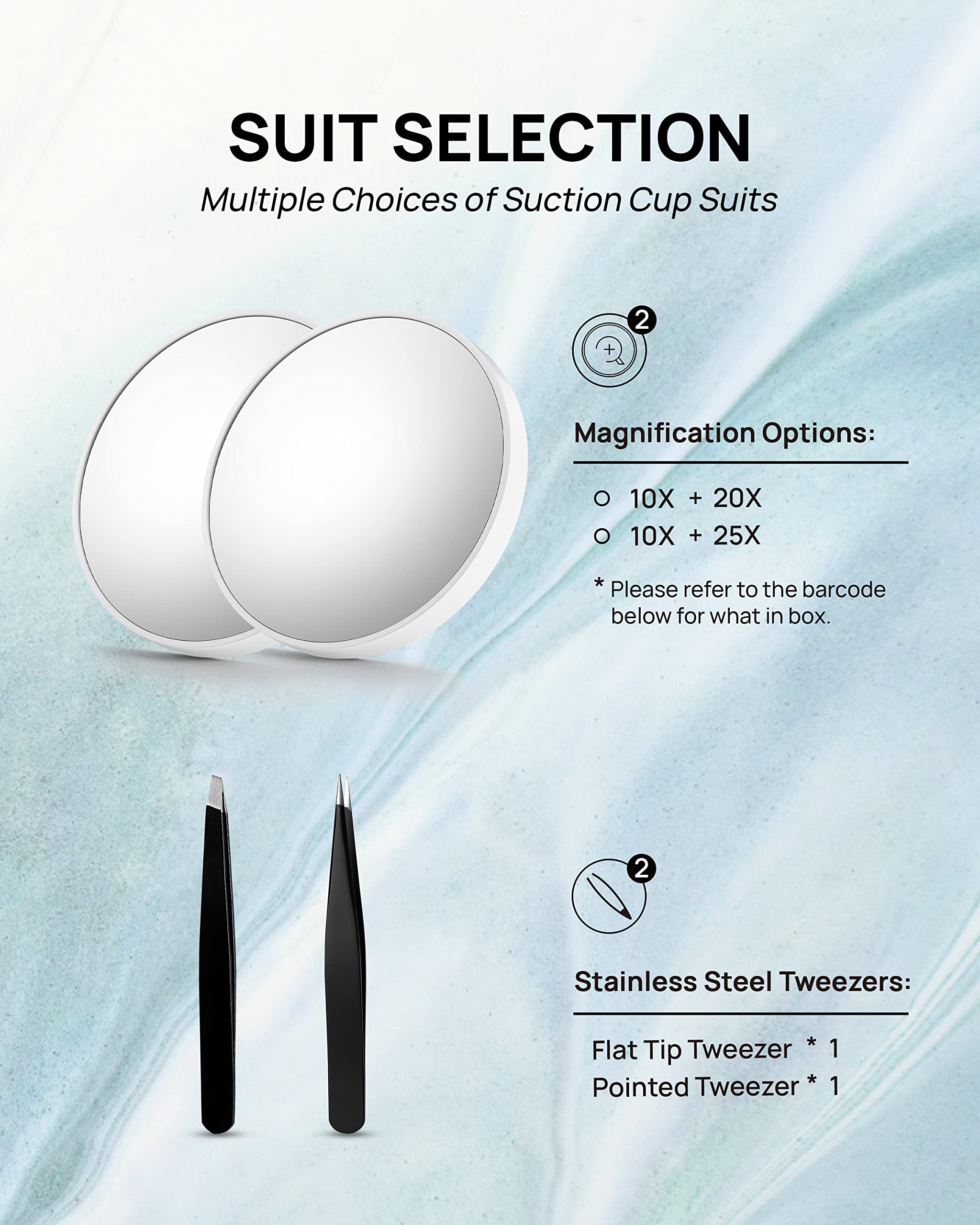 OMIRO 10X & 25X Magnifying Mirrors with Two Eyebrow Tweezers Kits, 3.5" Two Suction Cups Magnifier Set for Travel (White)