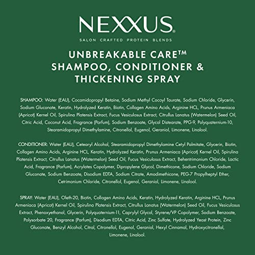 Nexxus Unbreakable Care Shampoo, Conditioner, and Leave-In Spray 3 Pack For Fine and Thin Hair with Keratin, Collagen, Biotin