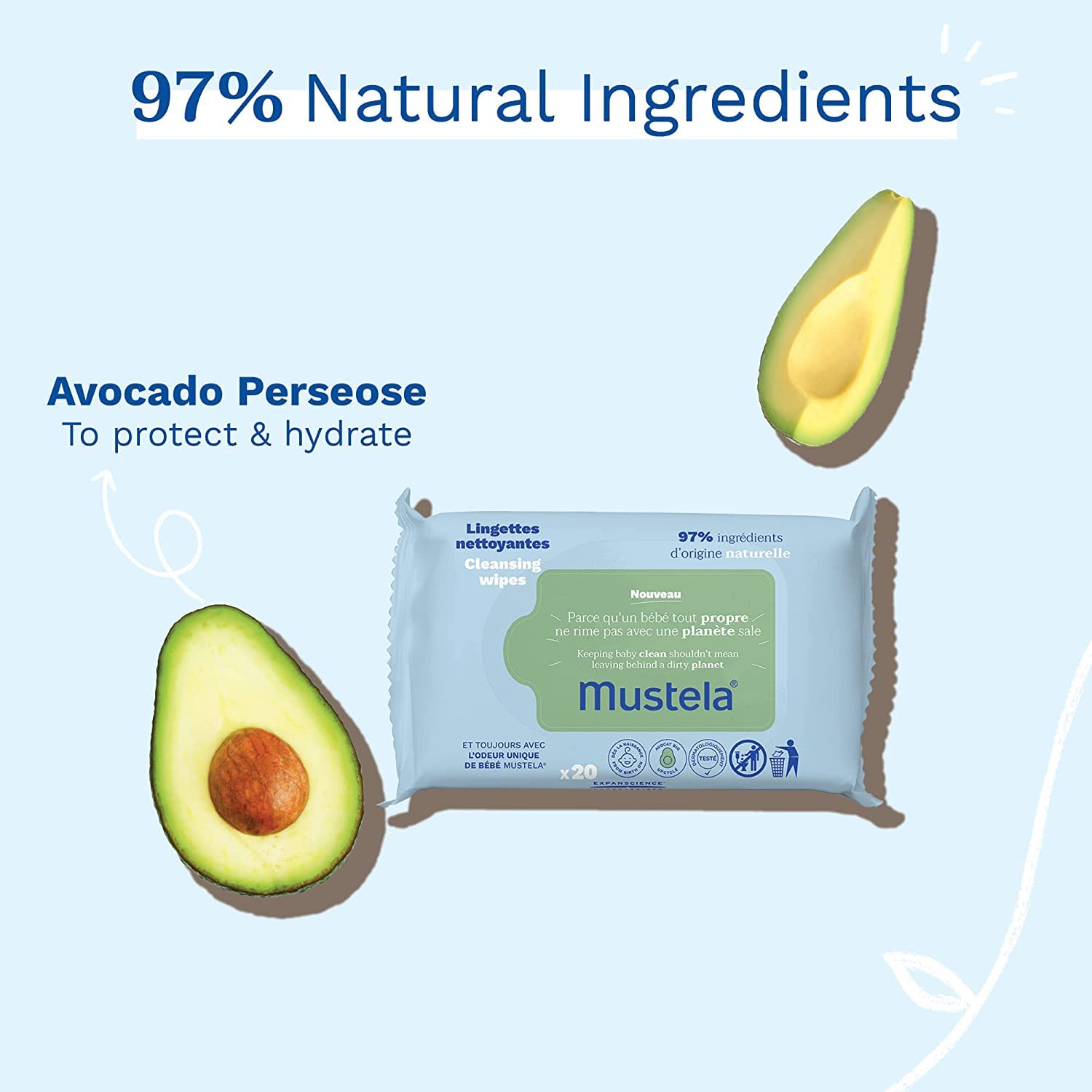 Mustela Baby Cleansing Wipes with Natural Avocado - For Face, Body & Diaper Area - Made with Compostable & Plastic Free Fibers - Lightly Scented - 60 ct. (6-Pack)