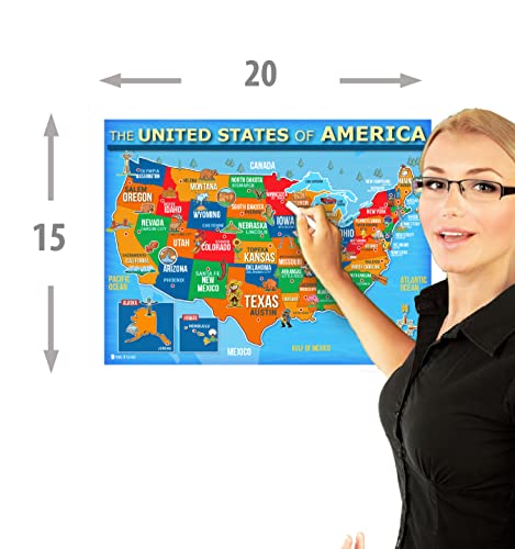 USA and World map poster 2 pack for kids Laminated large illustrated Light blue Young N Refined 15x20)