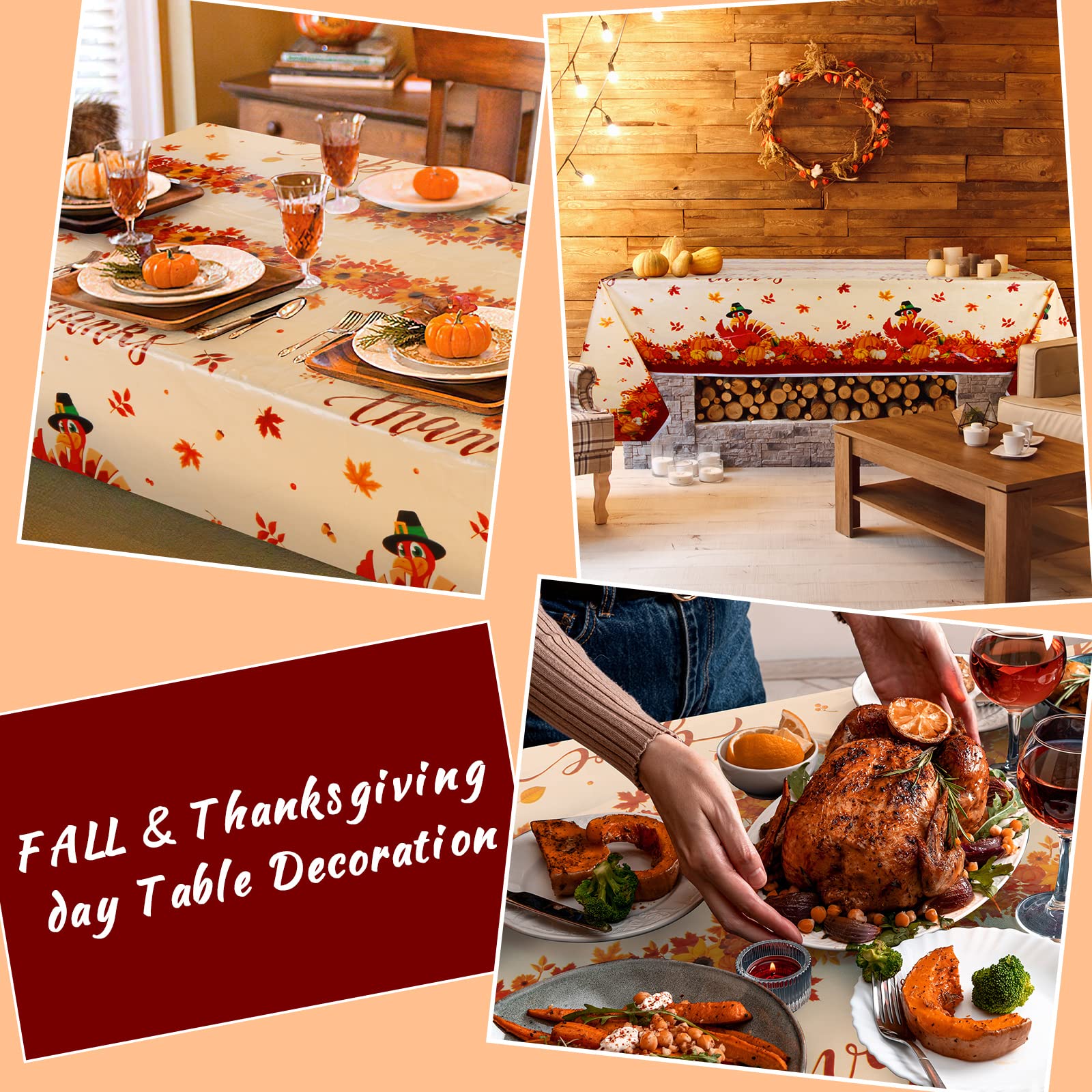 Piklodo 6Pcs Thanksgiving Tablecloth Plastic Fall Table Cover Turkey Disposable Give Thanks Table Cloth Harvest Rectangle Tablecover for Thanksgiving Harvest Party Picnic Table Decor, 54 x 108 Inch