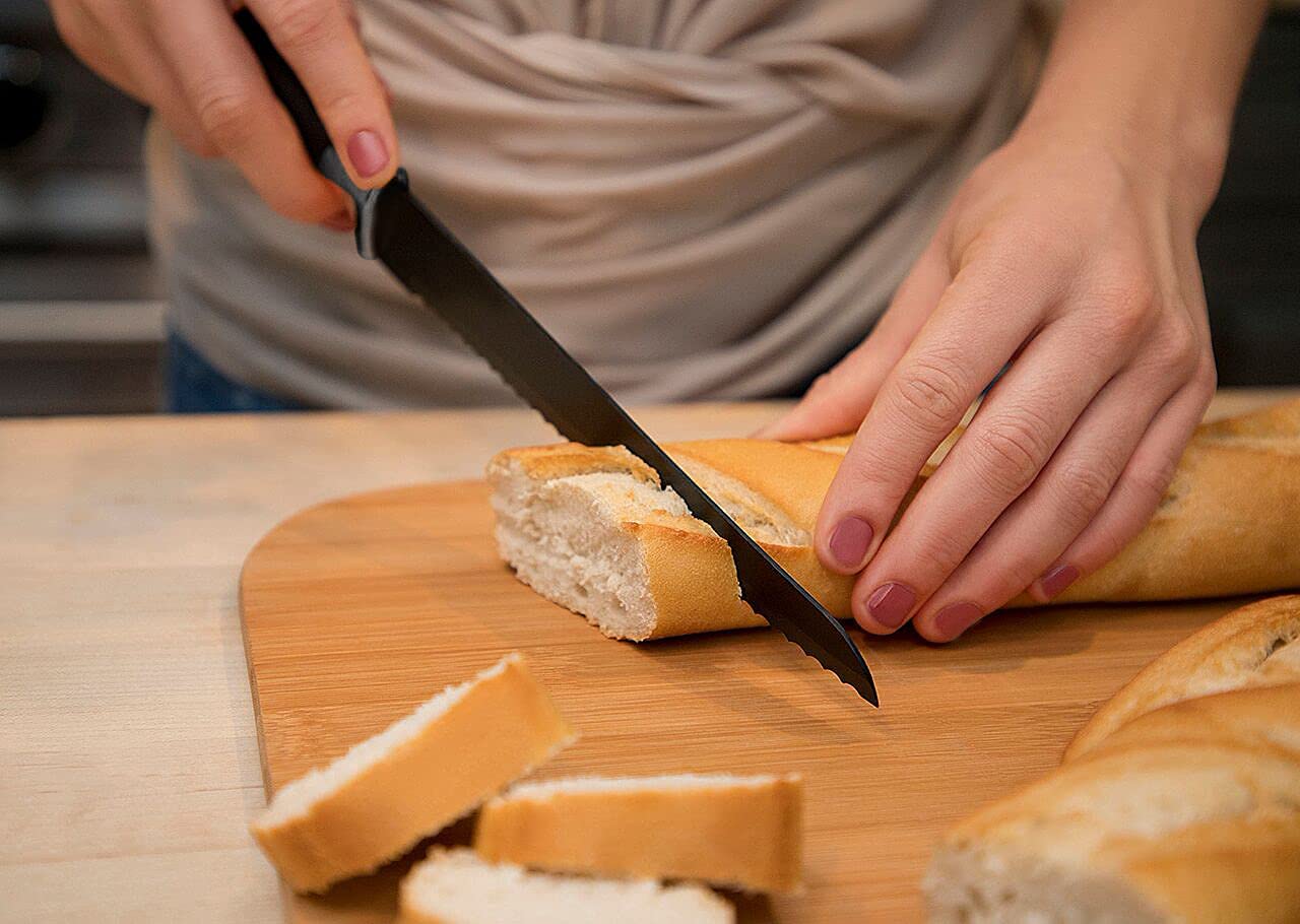 Luxhomewares 6 Piece Knife Set | 5 Beautiful Black Titanium Knives with Block Sharp Kitchen Sets Multiple Size, All Purpose 8 inch Chef, Bread, & Carving Utility Paring