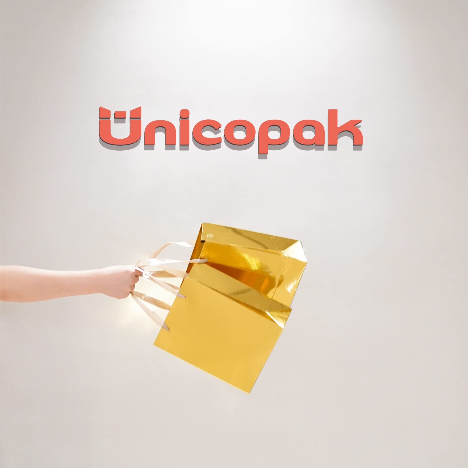 UnicoPak Gold Gift Bags Medium Size 8x4x10 20Pcs, Glossy Finish Waterproof Surface with Embossed Pattern, Gift Bags with Handles Gold Gift Bags for Birthday, Party, Wedding, Shopping