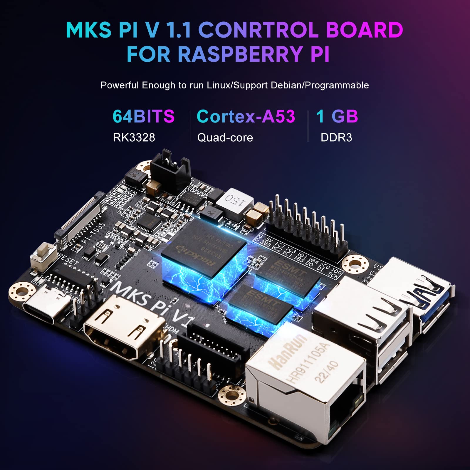 Makerbase MKS PI V1.1 Conrtrol Board DC12/24V 15W with PI-TS35 Touch Screen SOC Runs RK3328 Upgrade Klipper for Voron VS Raspberry Pi and Ender 3D Printer Mainborad for Creality