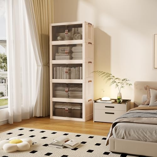 SAILUN Stackable Storage Bins Folding Collapsible Storage Bins with Lid, Closet Organizers and Storage, Storage Box with Door White 27.6" W x 17" D x 75.6" H