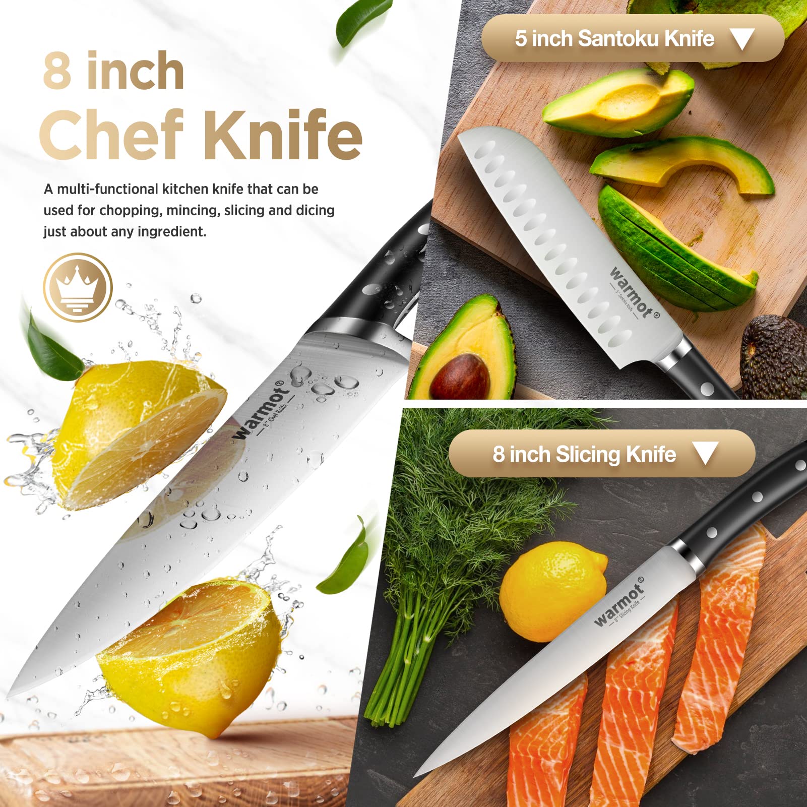 Kitchen Knife Set with Block, Warmot 15 Pcs Ultra Sharp Chef Knife Set Full Tang Knife Set with Knife Sharpener, High Carbon Stainless Steel Knife Block Set Triple Riveted Handle