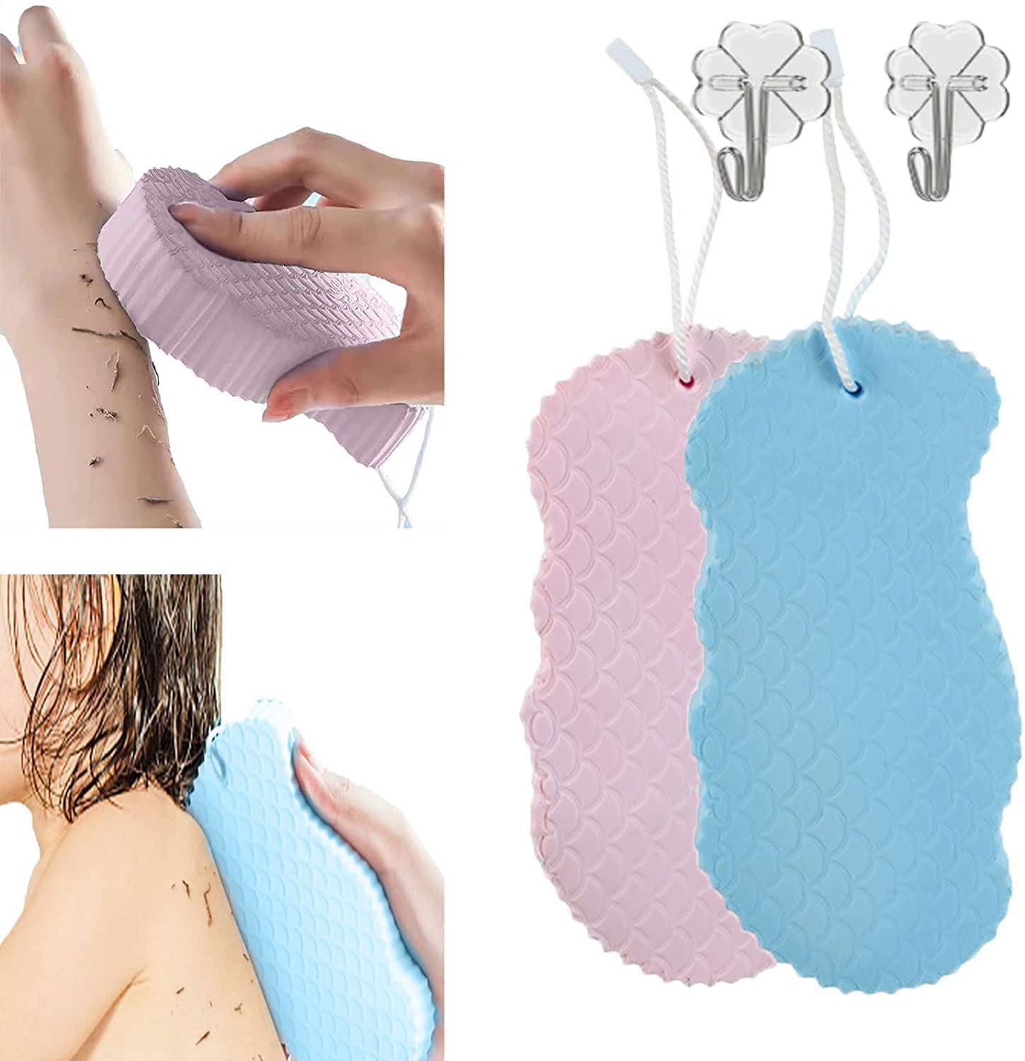 Magic Exfoliating Bath Sponge Ultra Soft Bath Body Shower Sponge, Reusable Bath Sponge Multiple Textures for Gentle Cleansing and Deep Exfoliation, Fit for All Ages (Blue+Pink)