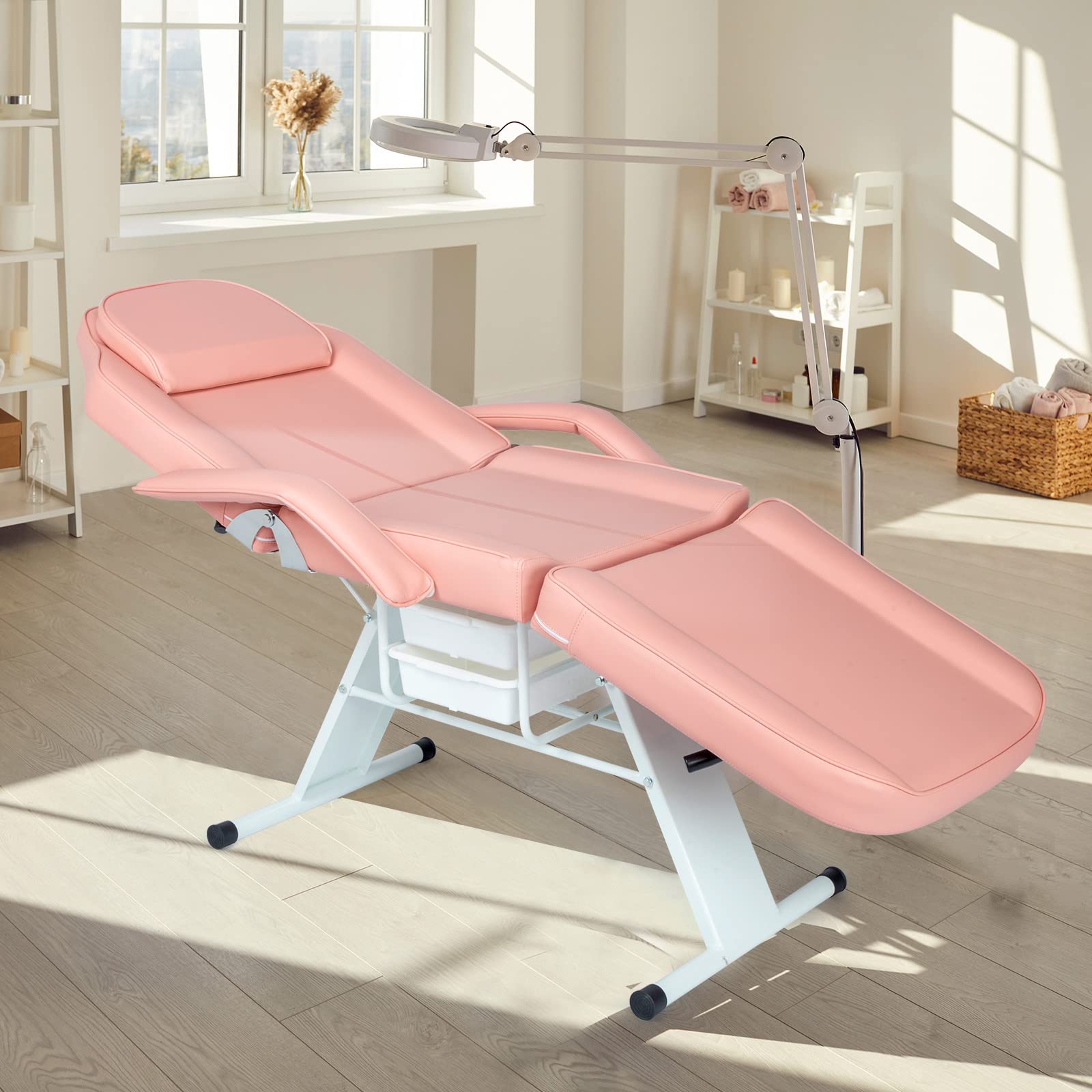 OmySalon Esthetician Salon Bed, Professional Massage Tattoo Table Salon Spa Equipment with 2 Beauty Baskets,Facial Beauty Barber Waxing Lash Microblading,Pink