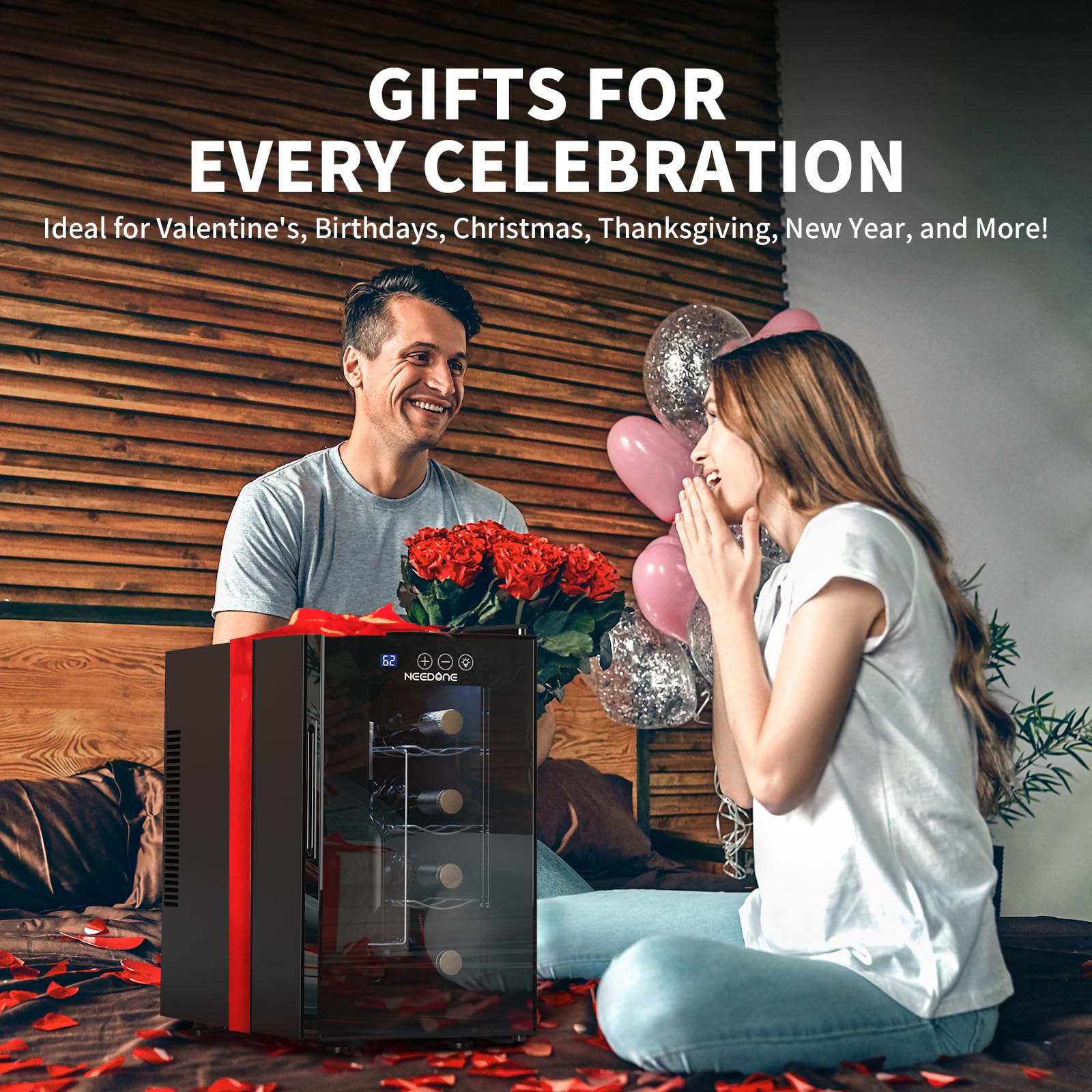 NEEDONE Wine Fridge, 8 Bottle Wine Cooler/Chiller with Wine Rack, Queit Fast Cooling Thermoelectric Wine Cabinet Cellar for Red White Sparkling, Energy Efficient Gifts for Women Men