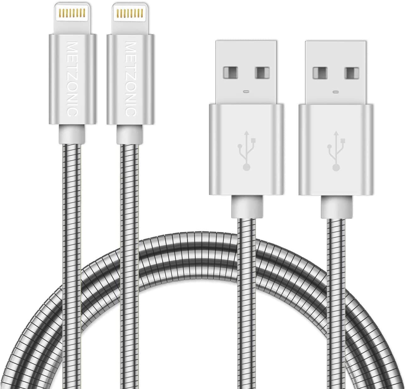 METZONIC Charger Cable [2 Pack, 6.6 Ft] Metal 304 Stainless Steel Braided USB Charging Cable High Speed Connector Data Sync Transfer Cord
