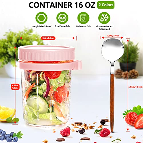 Overnight Oats Containers with Lids and Spoon, Wide Mouth Mason Jars 16 Oz Overnight Oats Jars with Measure Mark,2 Pack Oatmeal Container Glass Mason Jars for Overnight Oats Salad (Pink/Light Green)