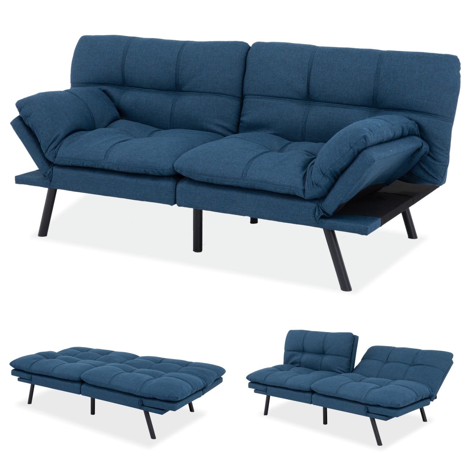 MUUEGM Futon Couch Convertible Memory Foam Sleeper Futon Sofa Bed, Adjustable Backrest Armrest Folding Futon, Modern Fabric Sofa Bed for Living Room, Apartment, Office, Small Room, 71β Blue