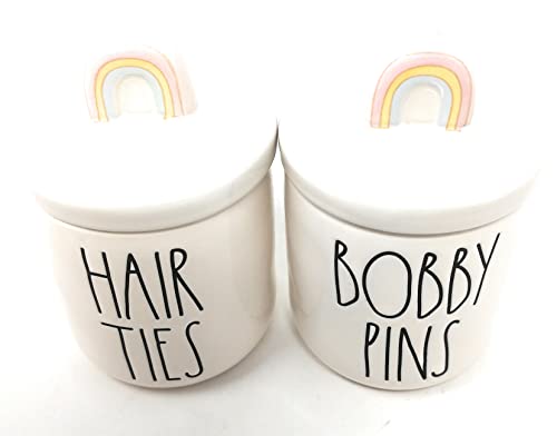 Rae Dunn by Magenta LL HAIR TIES and BOBBY PINS Jar Set with Rainbow Handles, 4" tall x 2.75" wide each, Ceramic Jars, Bathroom, Bedroom, Make Up, Holder, Storage, Canister, Organizer