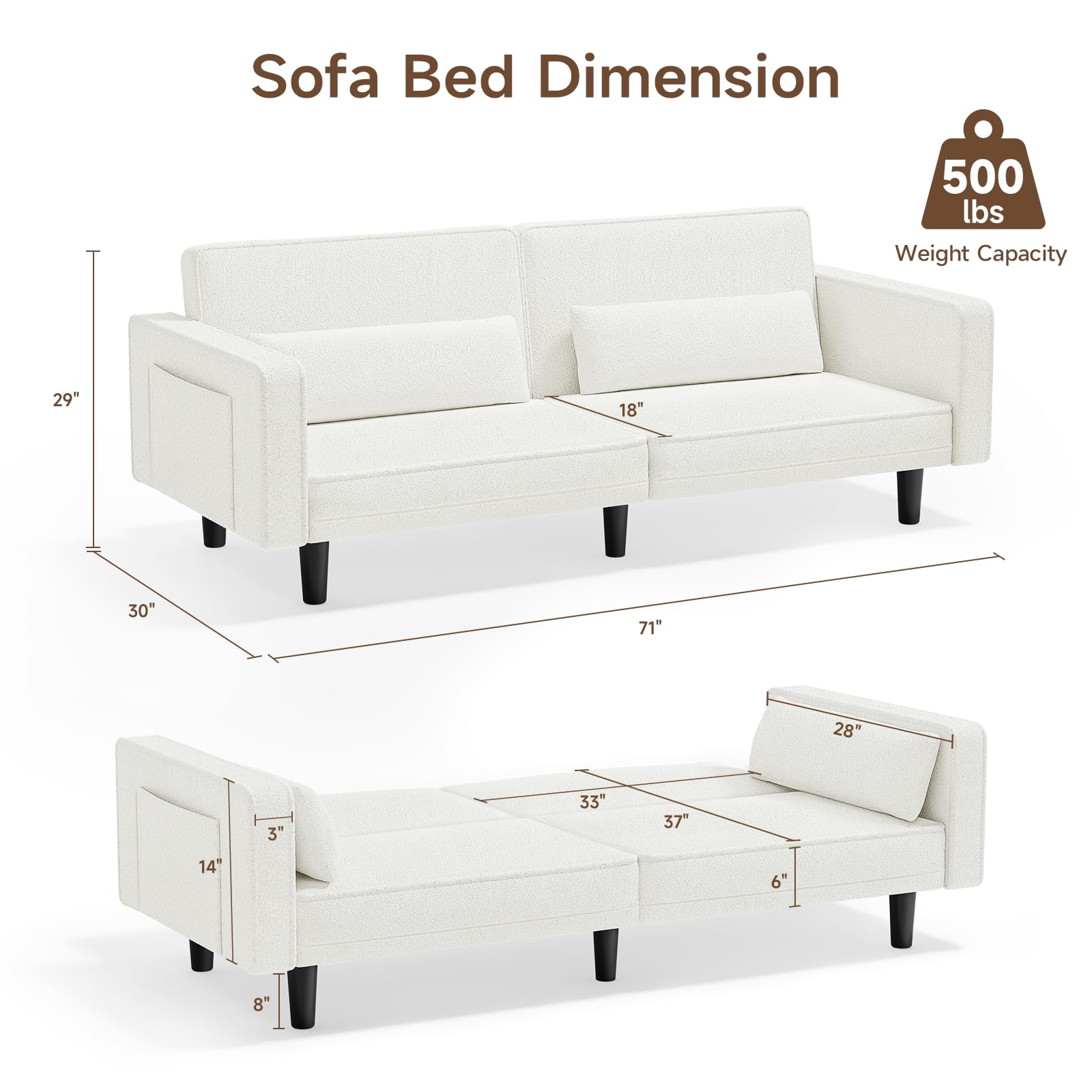 ONBRILL 71" Futon Sofa Bed, Convertible Sleeper Sofa Bed Couch, Splitback Futon Couch with 2 Square Pillows, Teddy Velvet Folding Loveseat Sofa Couch, Dark Grey Couches for Living Room, Apartment