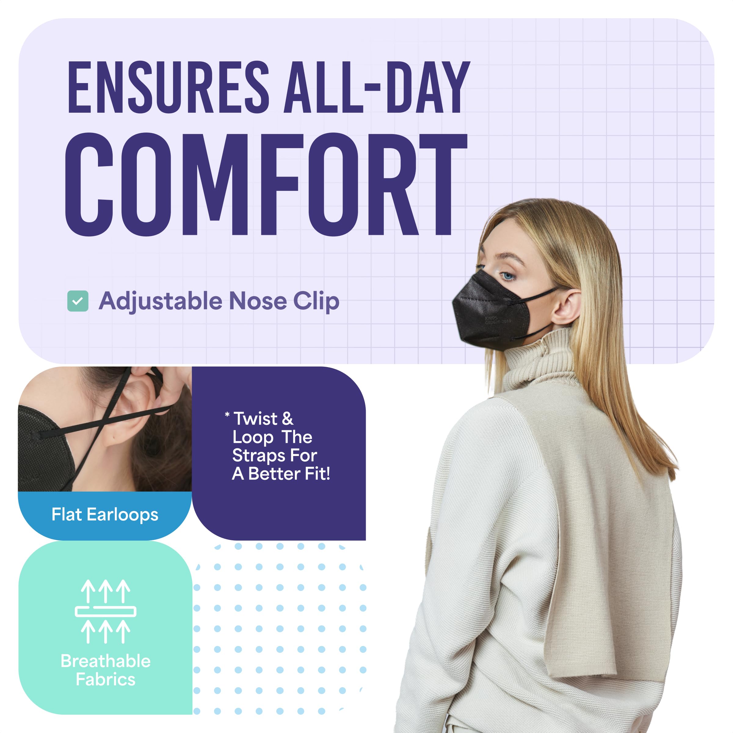 Medtecs KN95 Face Masks Disposable - Individually Wrapped, 5 Ply Protection & Extra Wide Elastic Ear Loops Design, ≧ 95% Filtration Efficiency | Mask Extender included, 50 PC - Black