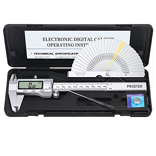 Proster Digital Vernier Caliper 6inch/150mm + 32 Feeler Gauges Dial Calipers Electronic Caliper Fractions/Inch/Metric Calipers Measuring Tool for Length Width Depth Inner/Outer Diameter