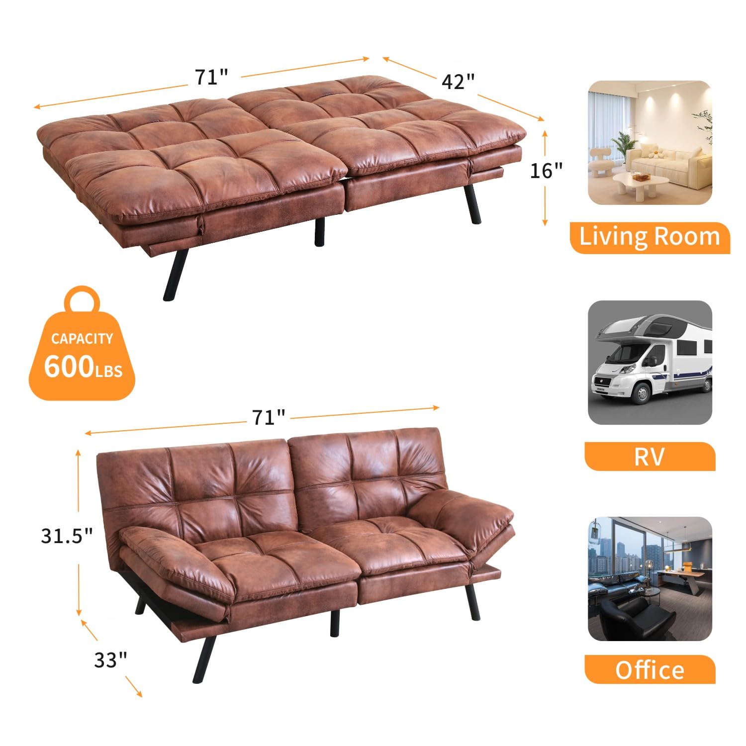 MUUEGM Futon Sofa Bed,Memory Foam Futon Sofa,couch bed,Convertible Sofa Bed for Compact Living Spaces,Apartment,Office,Sleeper Sofa,71"*33"*31.5",Brown Faux Leather