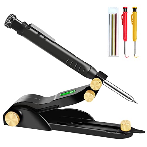 MARSBASE Multi-function Scribing Tool with Carpenter Pencils Aluminum Alloy Scribe Tool with Deep Hole Pencil Built-in Level, Scriber Marking Tools for Woodworking Line Marker