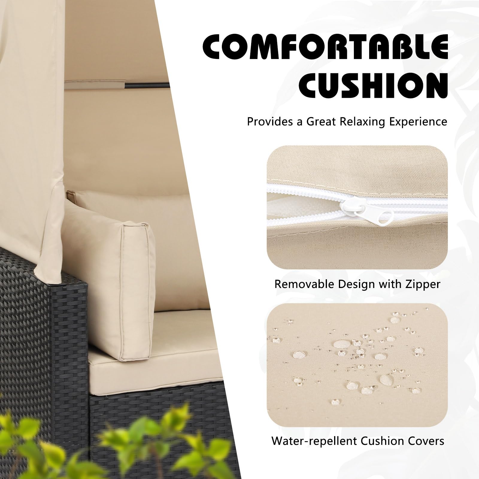 TITIMO 7 Pieces Patio Furniture Set Outdoor Conversation Set Daybed with Retractable Canopy Patio Sectional Rattan Sofa Set with Table for Poolside (Black Rattan Beige Cushion)