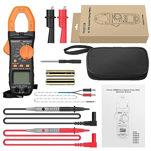 Proster Digital Clamp Meter TRMS 6000counts, 800A DC AC Current AC/DC Voltage NCV Continuity Capacitance Resistance Frequency Diode Hz Test, with1 PairTest Leads 1 Pair Alligator Clips