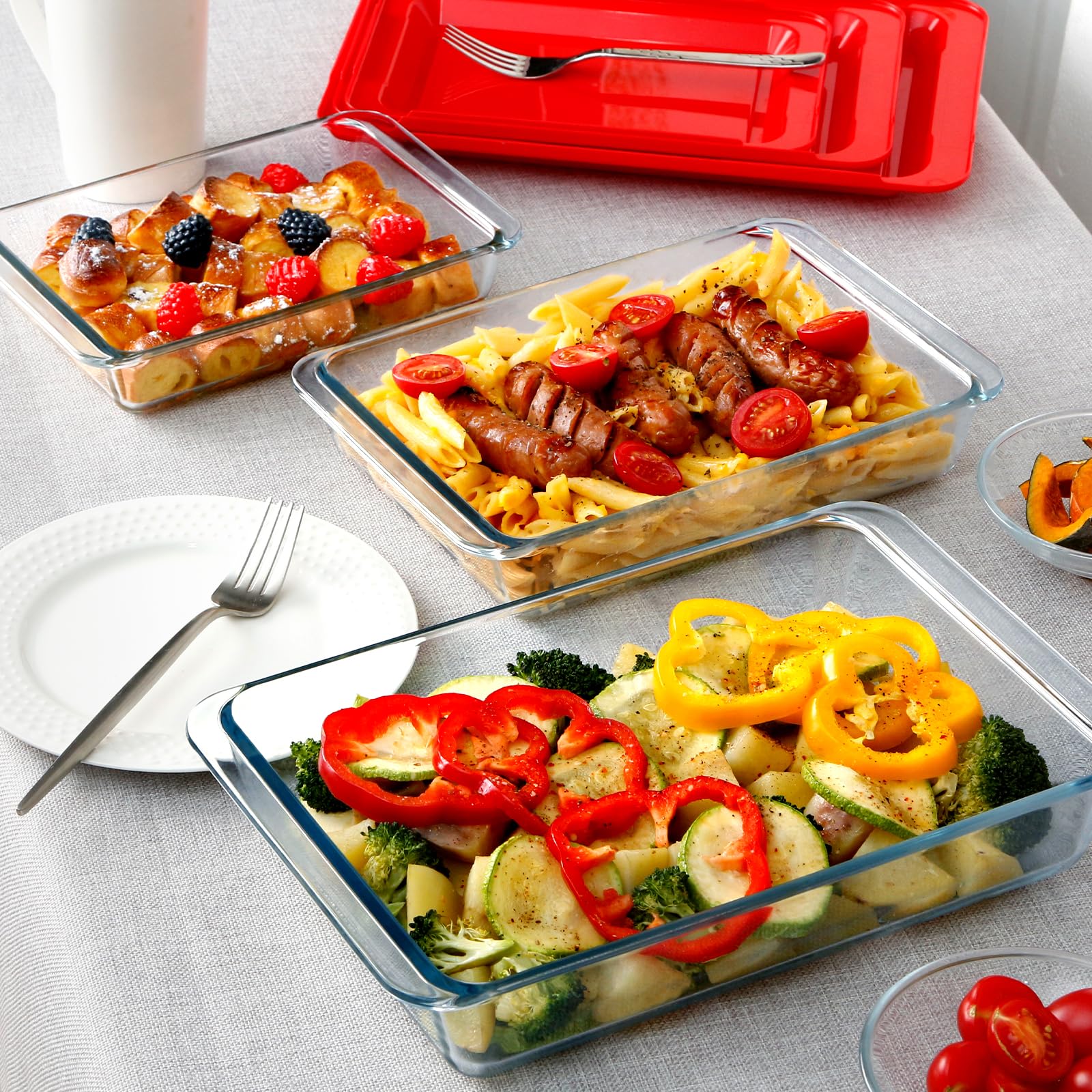 NUTRIUPS 3 Pieces Glass Baking Dish with Lid, Clear Rectangular Glass Casserole Dish with Lid Glass Baking Pan Set for Lasagna, Glass Bakeware Set(1QT+1.8QT+3QT)