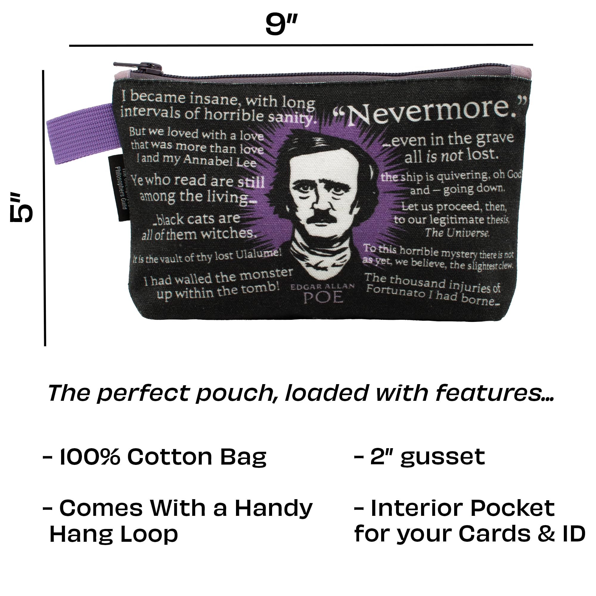 The Unemployed Philosophers Guild Edgar Allan Poe Bag - 9" Canvas Zipper Gothic Themed Pouch for Pencils, Tools, Cosmetics, Toiletries, and More