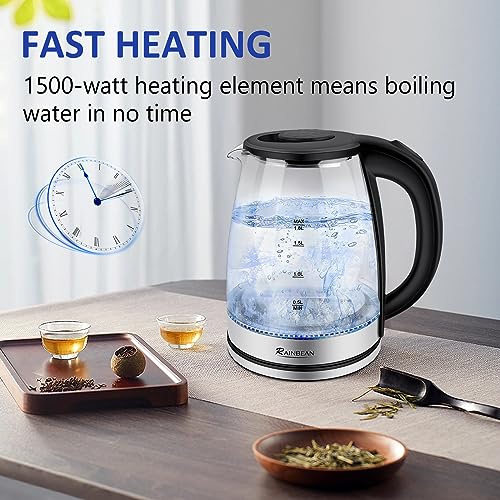RAINBEAN Electric Kettle Water Boiler, 1.8L Electric Tea Kettle, Wide Opening Hot Water Boiler with LED Light, Auto Shut-Off & Boil Dry Protection, Glass Black