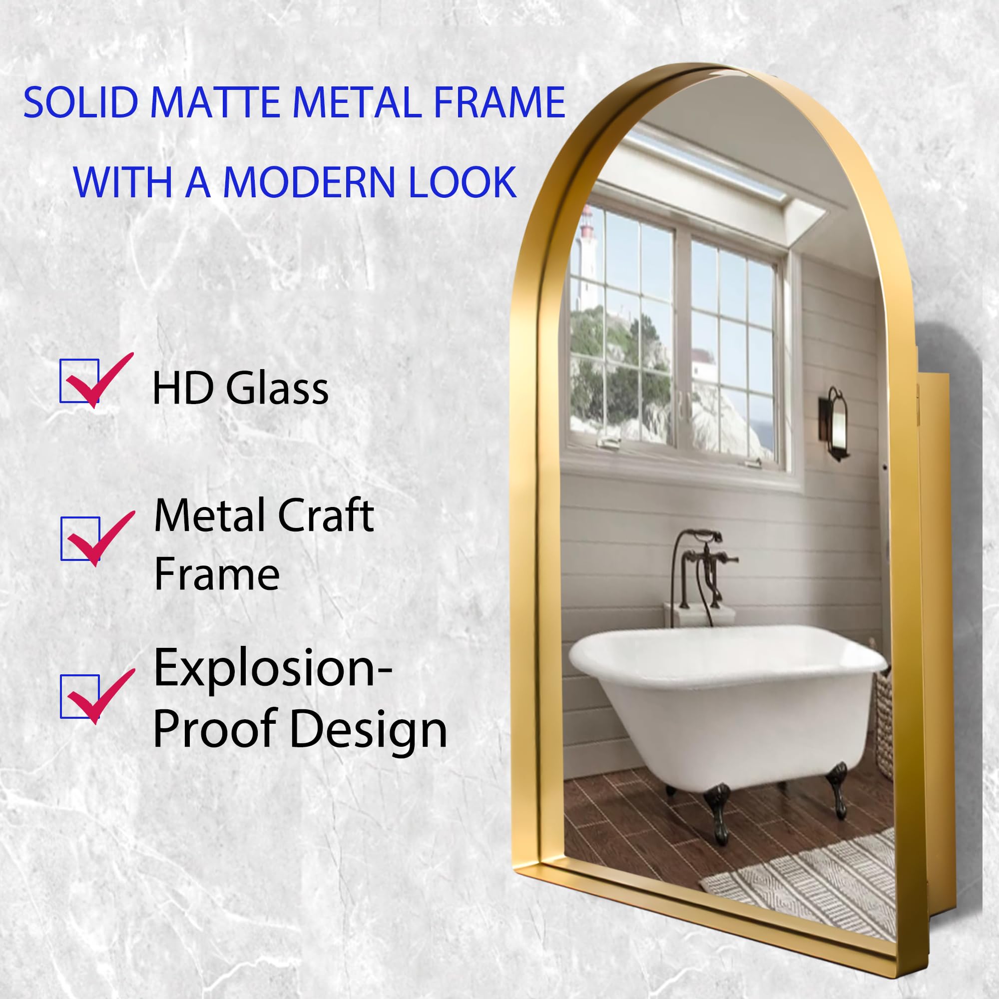 roomfitters 24x36 Arched Recessed Medicine Cabinet, Metal Framed Storage Cabinet with Mirror for Bathroom, Matte Black