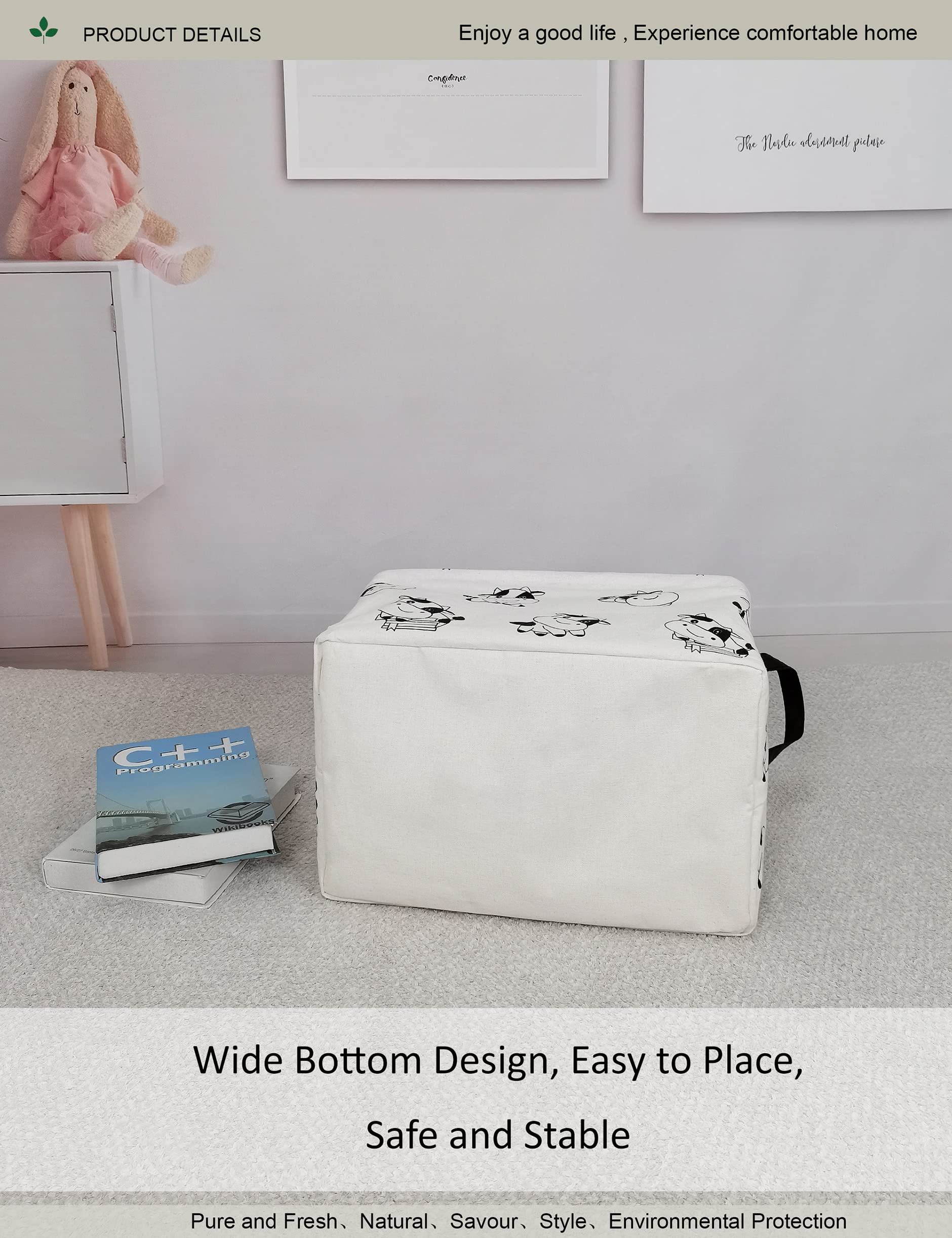 ONOEV Rectangular Folding Laundry Basket,Canvas Basket,Nersury Hamper,Suitable for Children,Office,Bedroom,Clothes,Toys Storage (REC Cow), 14.9’’L ×10.2’’W×9.05’’H inches
